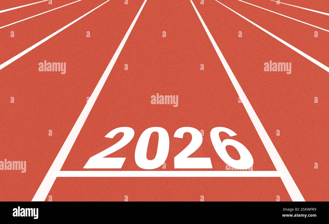 A red running track with white markings showing the year 2026, symbolizing goals and ...