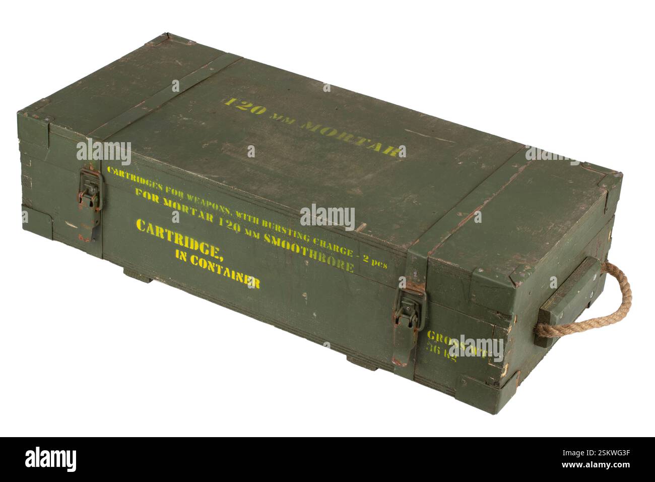 Ammunition crate green color for 120mm mortar shell isolated on white ...