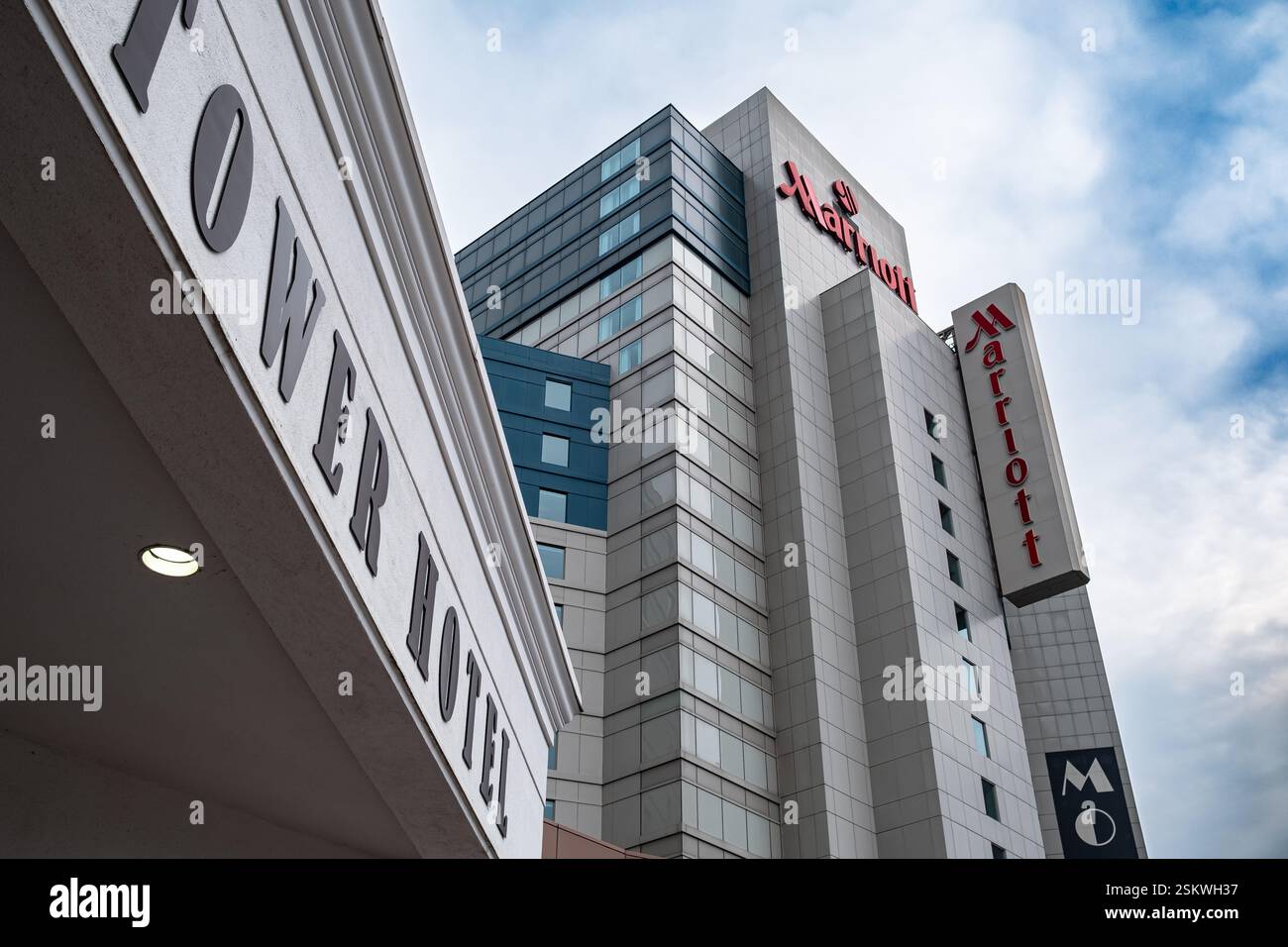 The Marriot and Tower Hotel exterior facade building. A low angle view ...