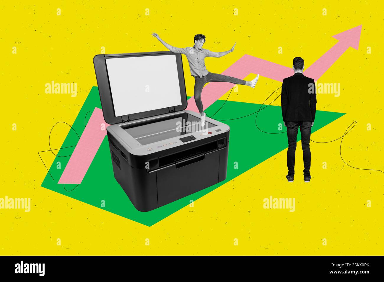 Composite artwork 3d image collage of two happy business partners men dance arrow development ...