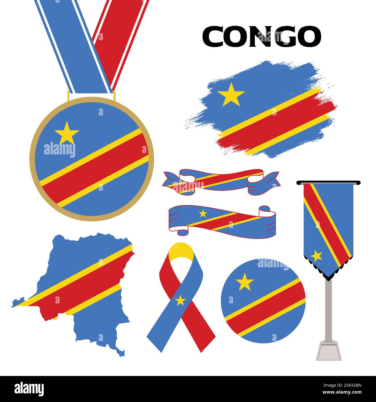 Elements Collection With The Flag of Congo Design Template. Congo Flag, Ribbons, Medal, Map ...