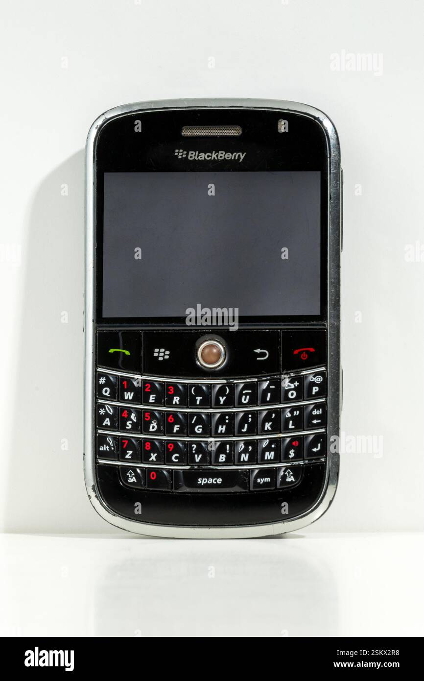 Retro BlackBerry Bold 9000 smartphone on a white background showing its ...