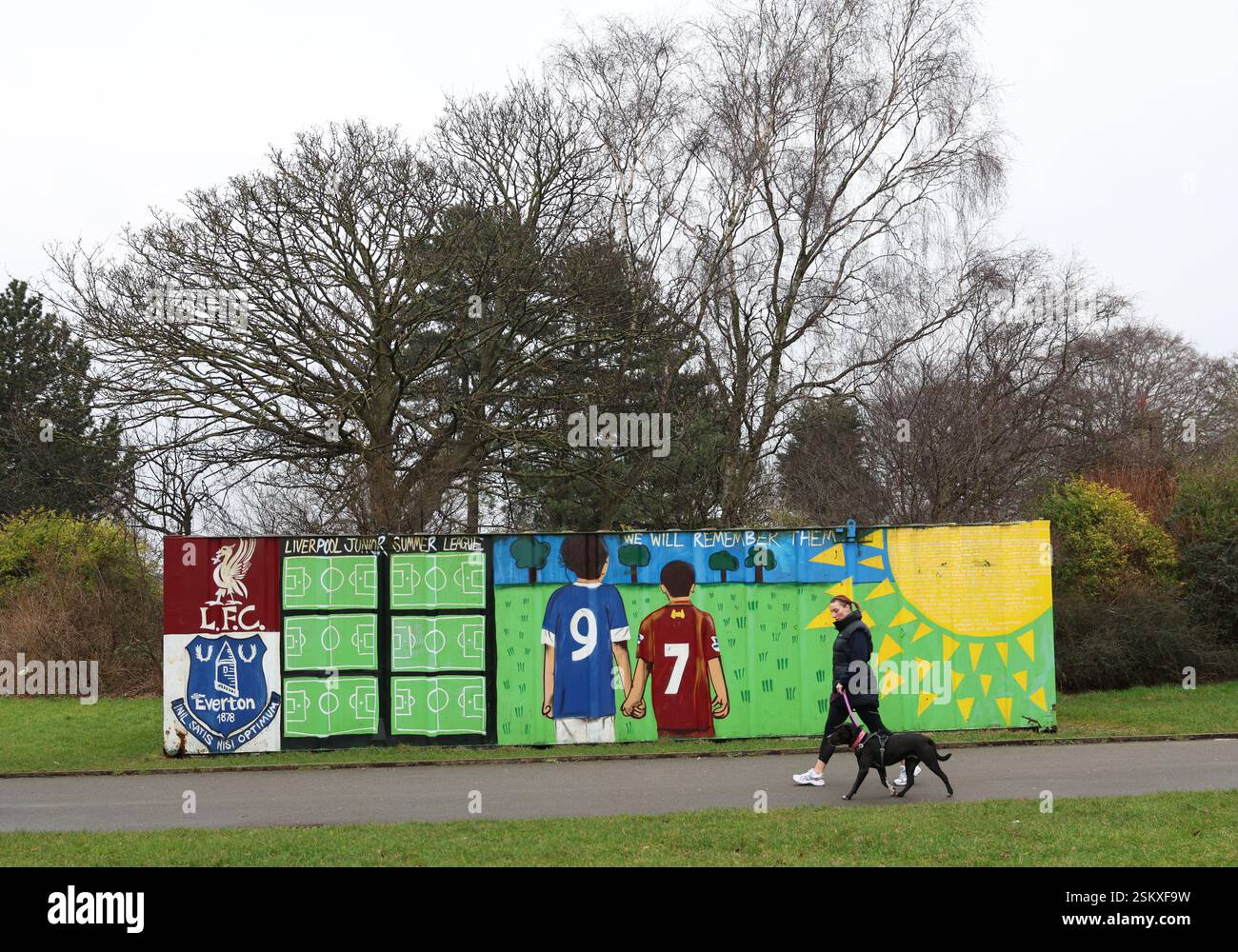 Liverpool, England, 12th February 2025. A woman walks a dog past a ...