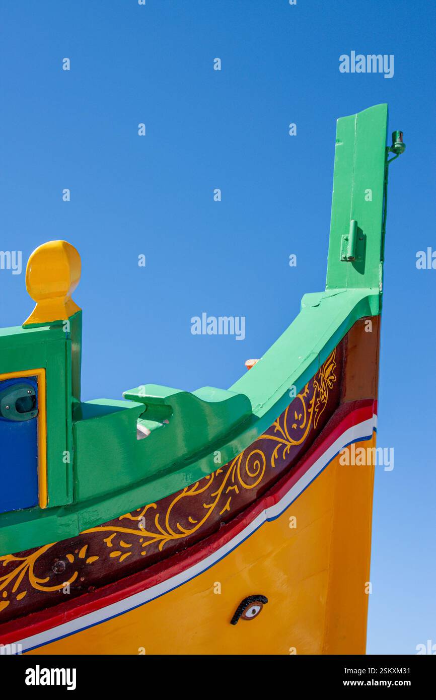 Prow of brightly decorated 'luzzu' - traditional Maltese fishing boat ...