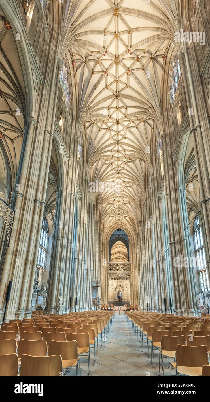 Ceiling of the nave in the christian cathedral at Canterbury, England ...