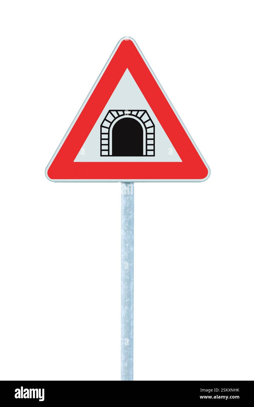 Tunnel ahead warning road sign, large detailed isolated vertical white ...