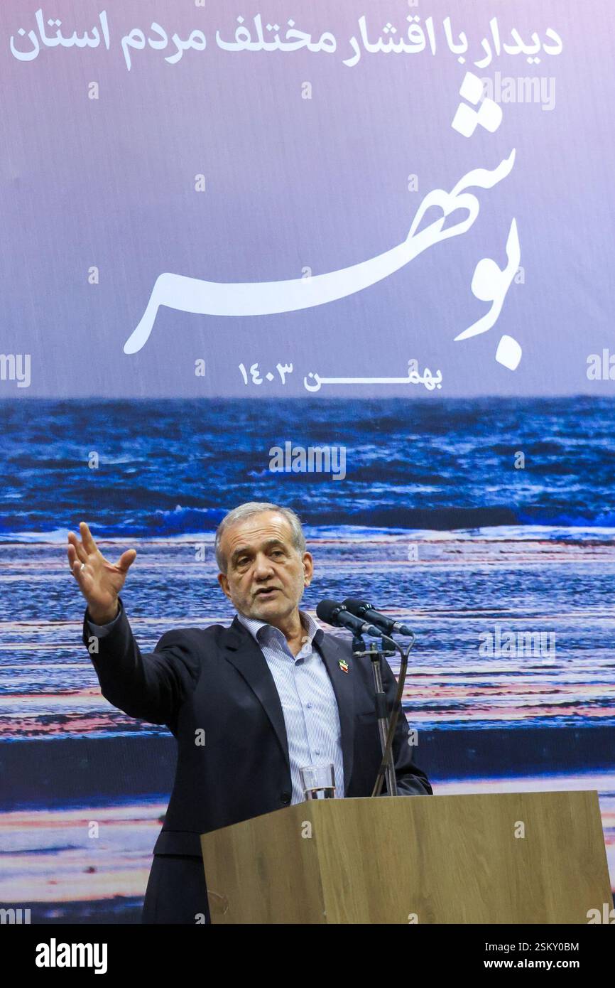 Bushehr, Iran. 12th Feb, 2025. Iranian President MASOUD PEZESHKIAN ...
