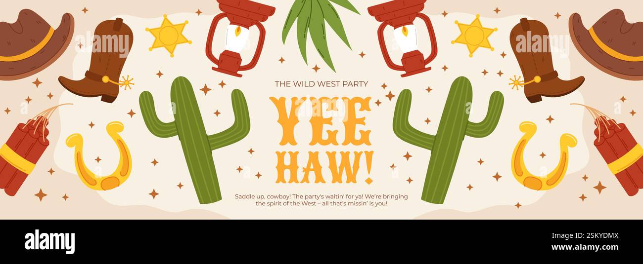 Wild West Party Banner with Cowboy Elements Including Cactus, Hats ...