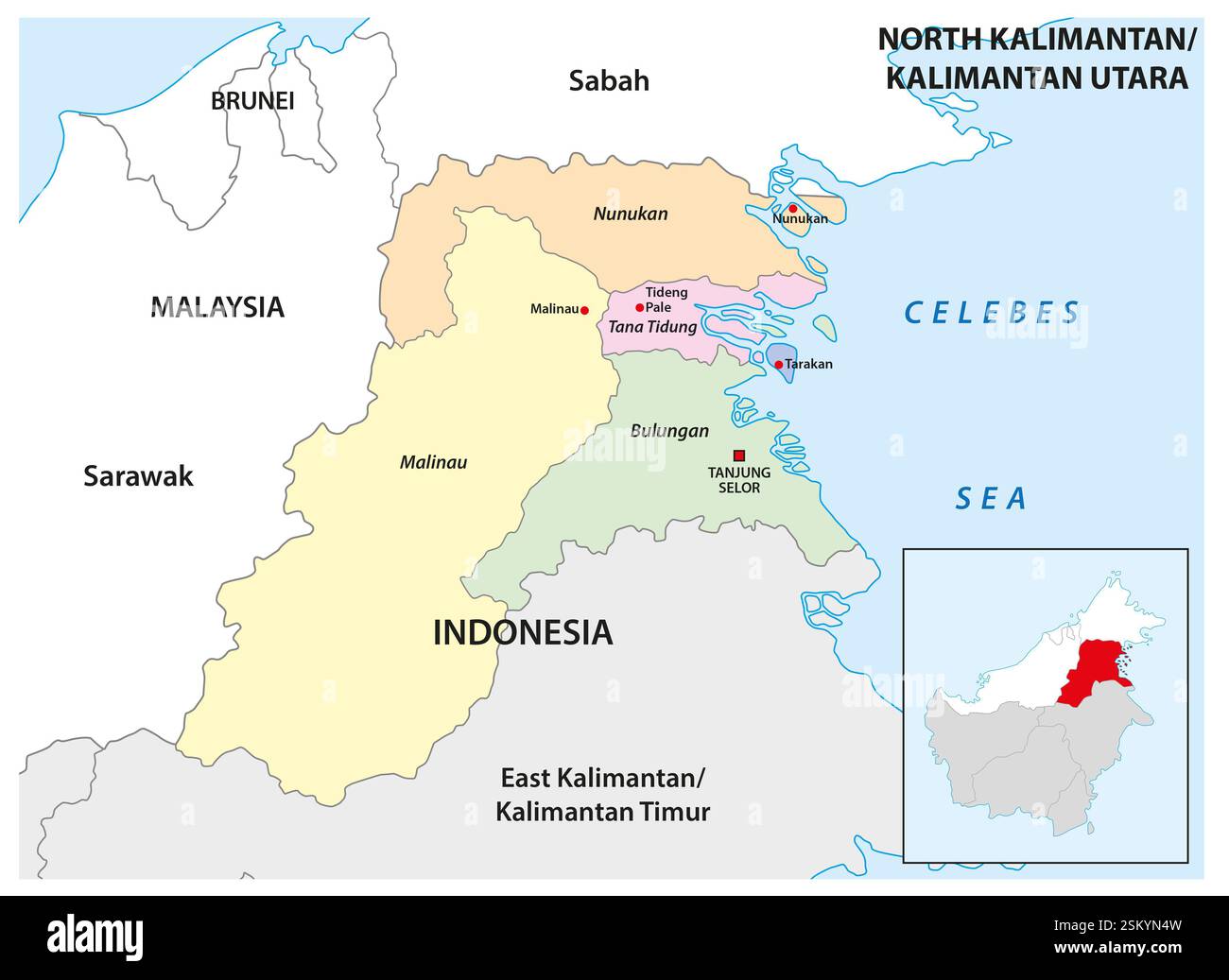 Administrative map of the Indonesian province of North Kalimantan, Borneo Stock Photo - Alamy
