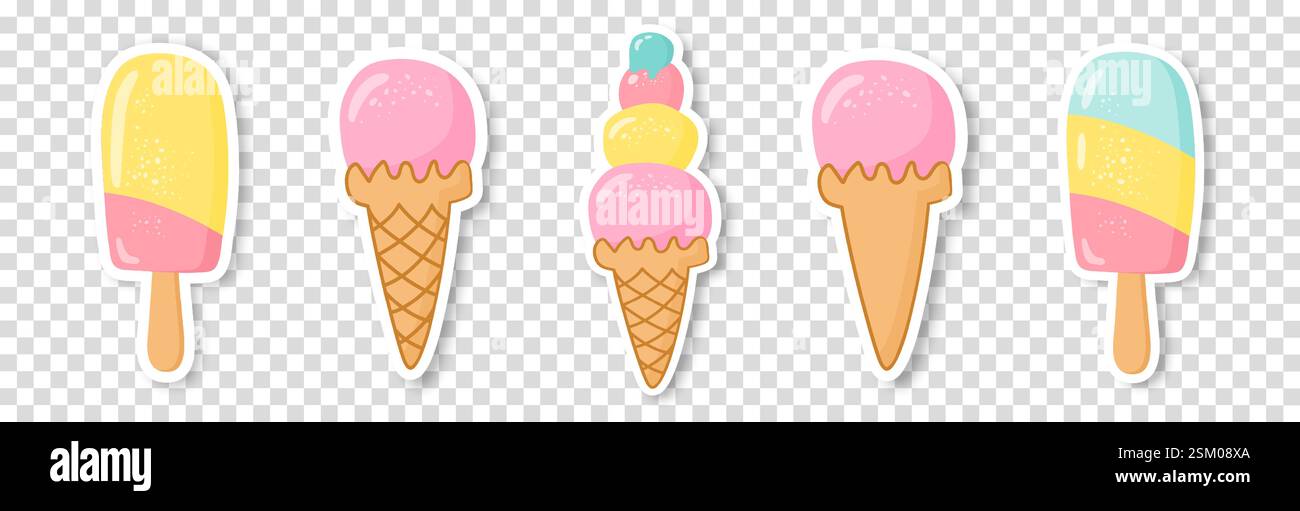 A set of five ice creams of different shapes on a transparent ...