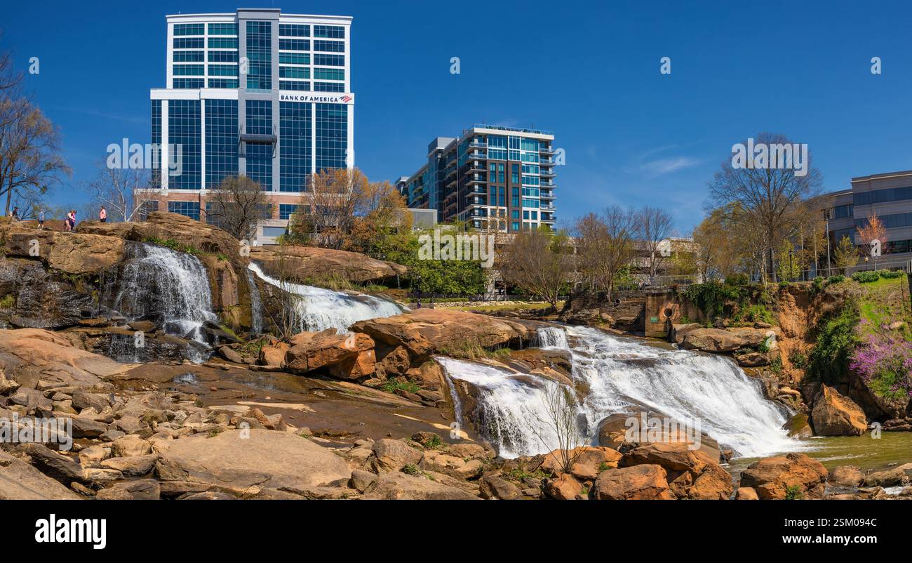 Greenville, South Carolina, USA - March 21, 2024: Sunny spring day at Falls park in downtown ...
