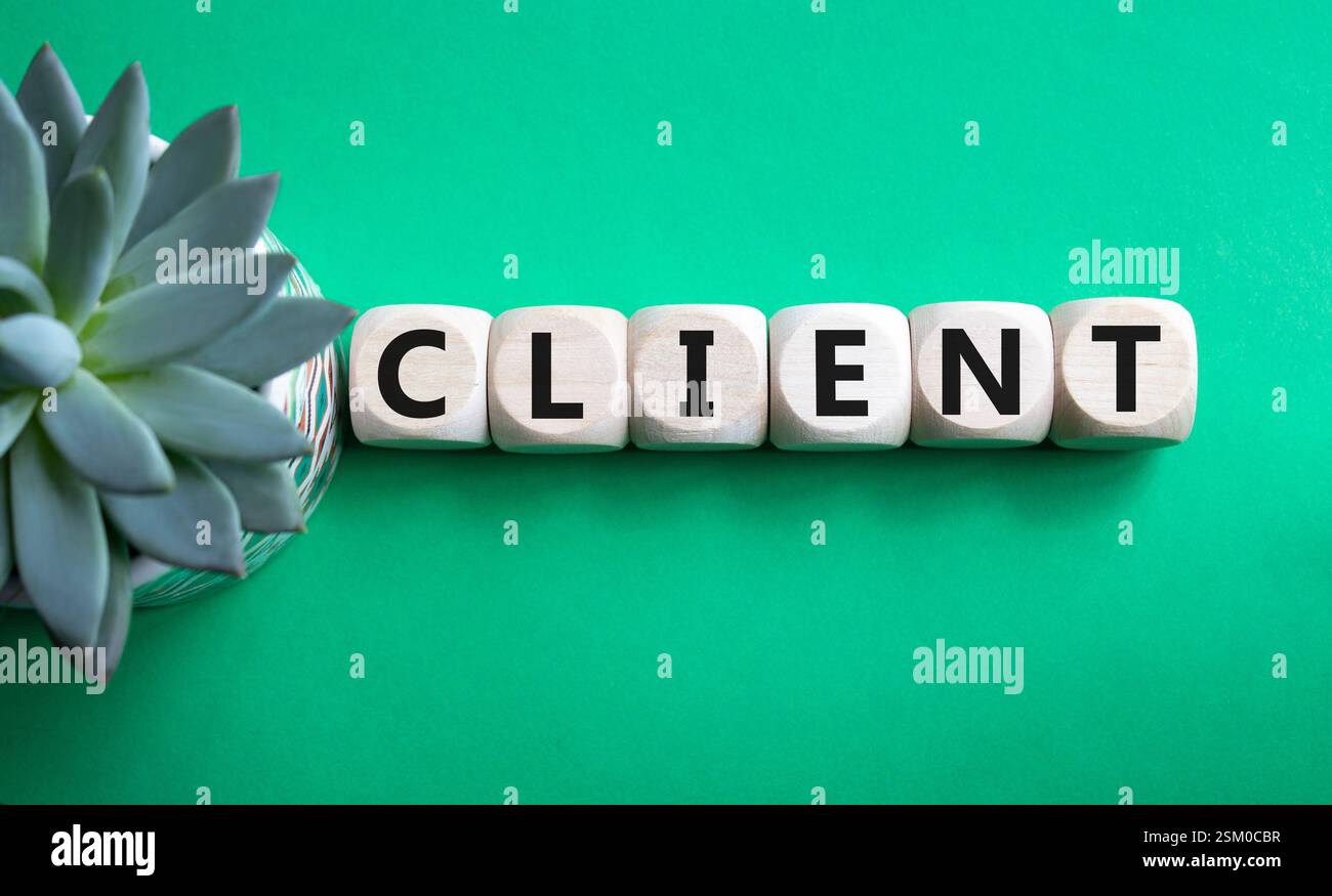 Client symbol. Concept word Client on wooden cubes. Beautiful green ...
