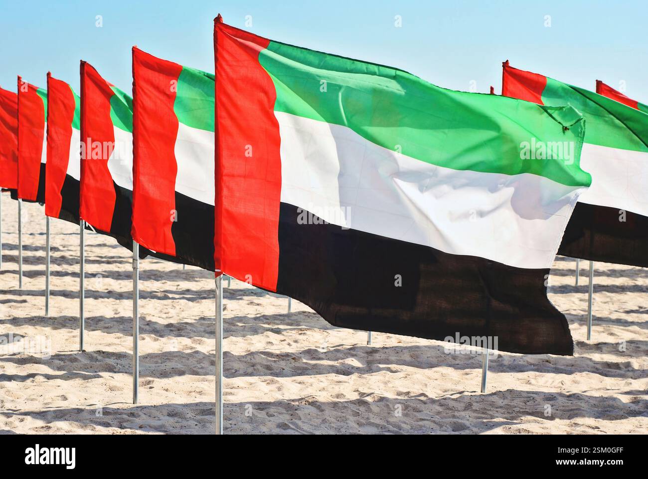 Rows of UAE Flags Waving on a Sandy Beach Under a Clear Blue Sky Stock ...