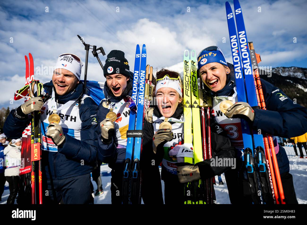 Gold medalists Emilien Jacquelin, Eric Perrot, Lou Jeanmonnot and Julia ...