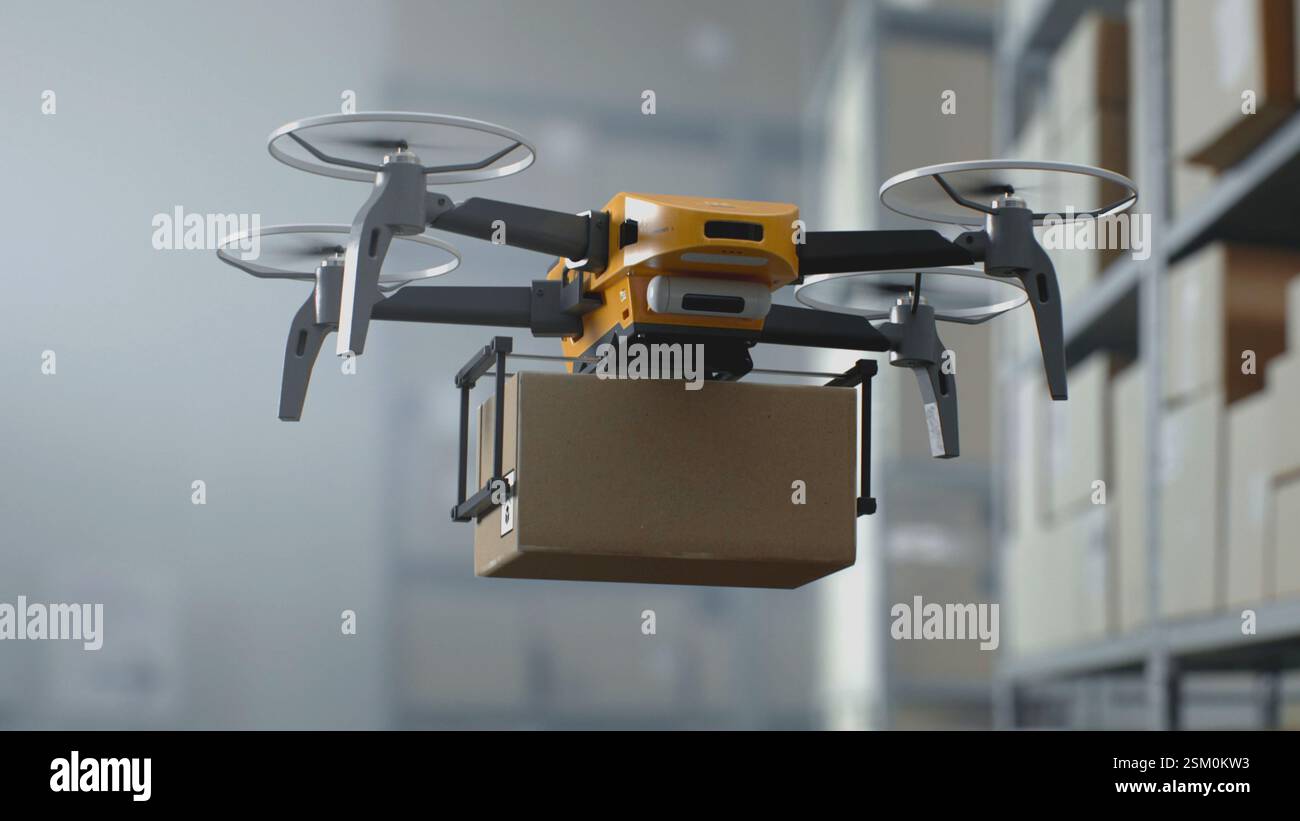 Modern Warehouse Facility: Unmanned UAV Drone Delivering Cardboard Box ...
