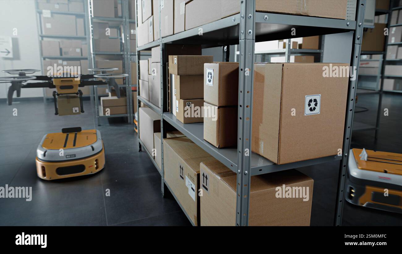 Warehouse Facility: Unmanned AGV Robots and Drones Carrying Cardboard Boxes in Logistics ...