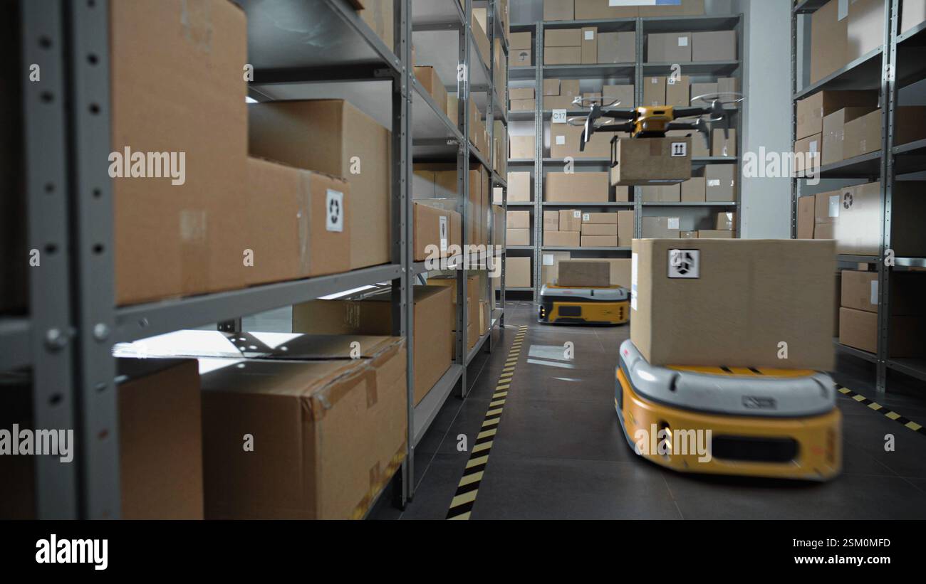 Logistics Distribution Center: Automated Guided Vehicles Transporting Cardboard Boxes in Modern ...