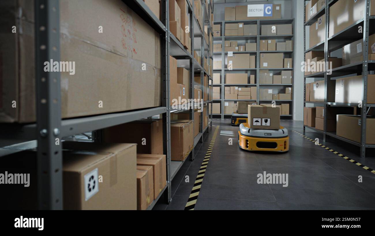 Logistics Distribution Center: Automated Guided Vehicles Transporting Cardboard Boxes in Modern ...