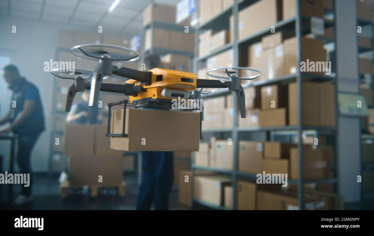 Logistics Distribution Center: UAV Drone Carrying Cardboard Box with ...