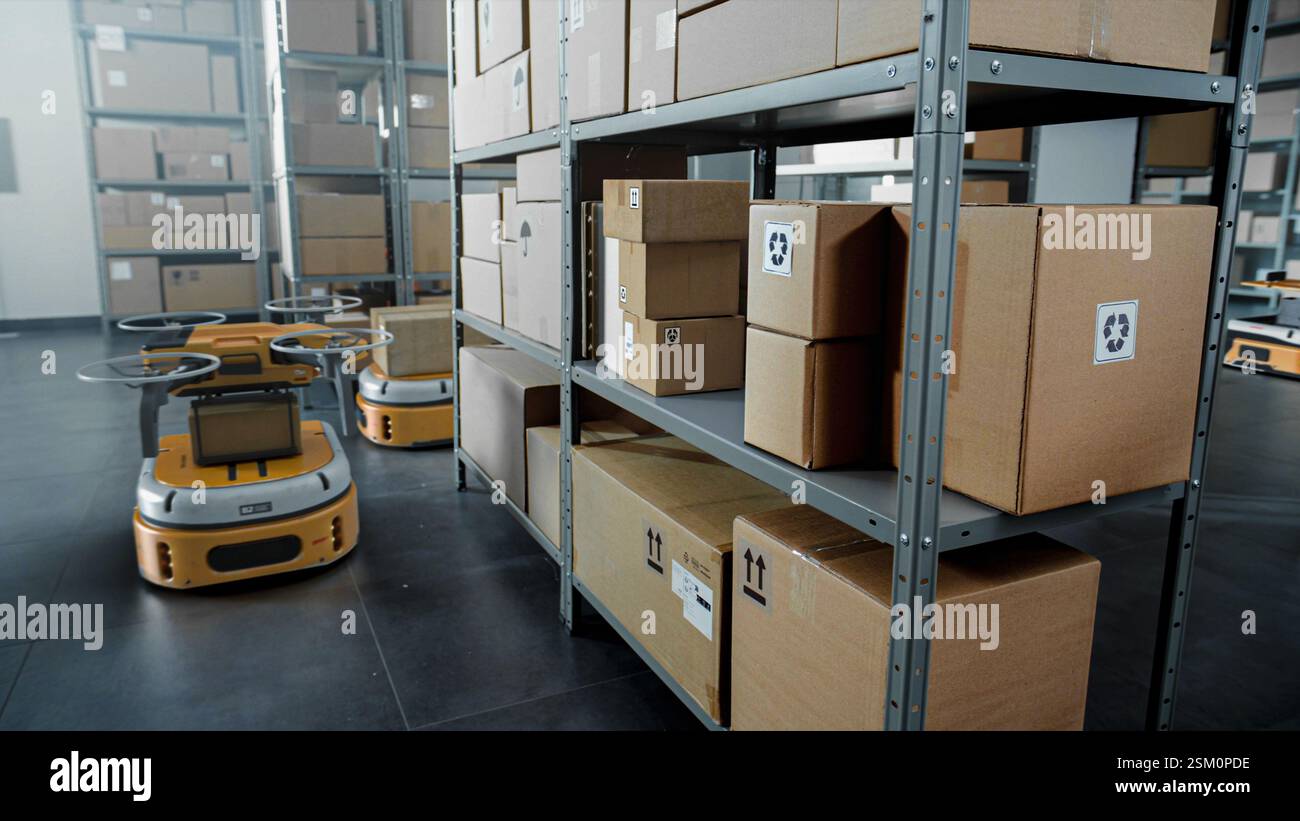 Warehouse Facility: Unmanned AGV Robots and Drones Carrying Cardboard Boxes in Logistics ...