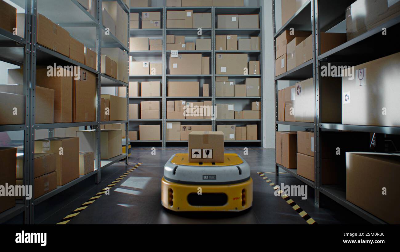 Logistics Distribution Center: Automated Guided Vehicles Transporting Cardboard Boxes in Modern ...