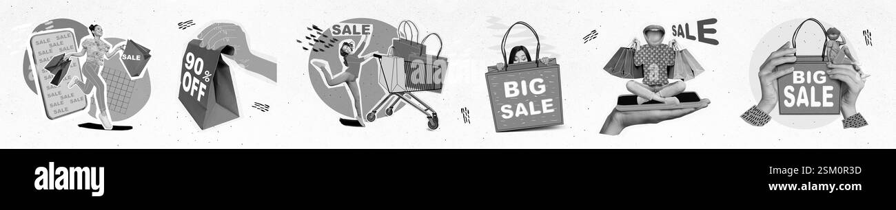 Collage photo panorama of shopping sale promo woman run with packages ...