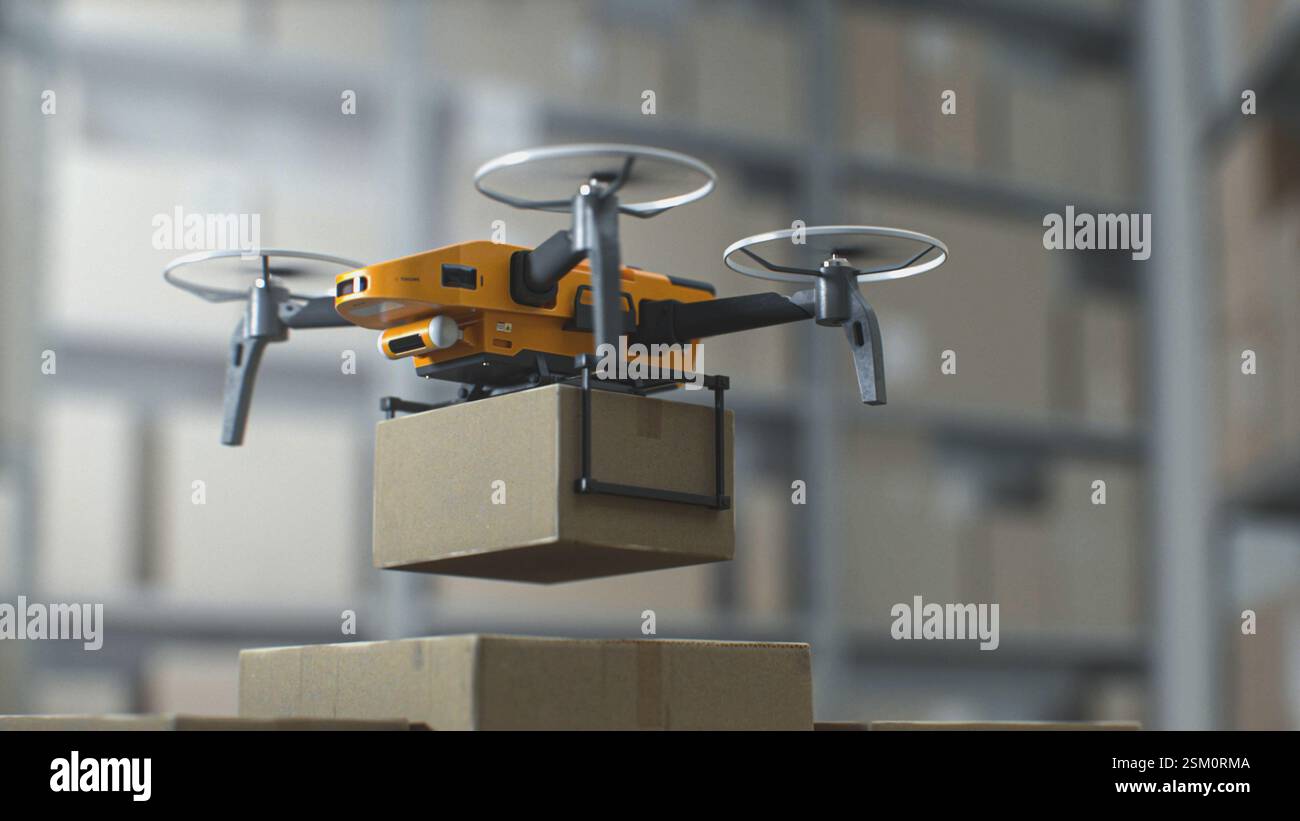 Modern Warehouse Facility: Unmanned UAV Drone Delivering Cardboard Box ...