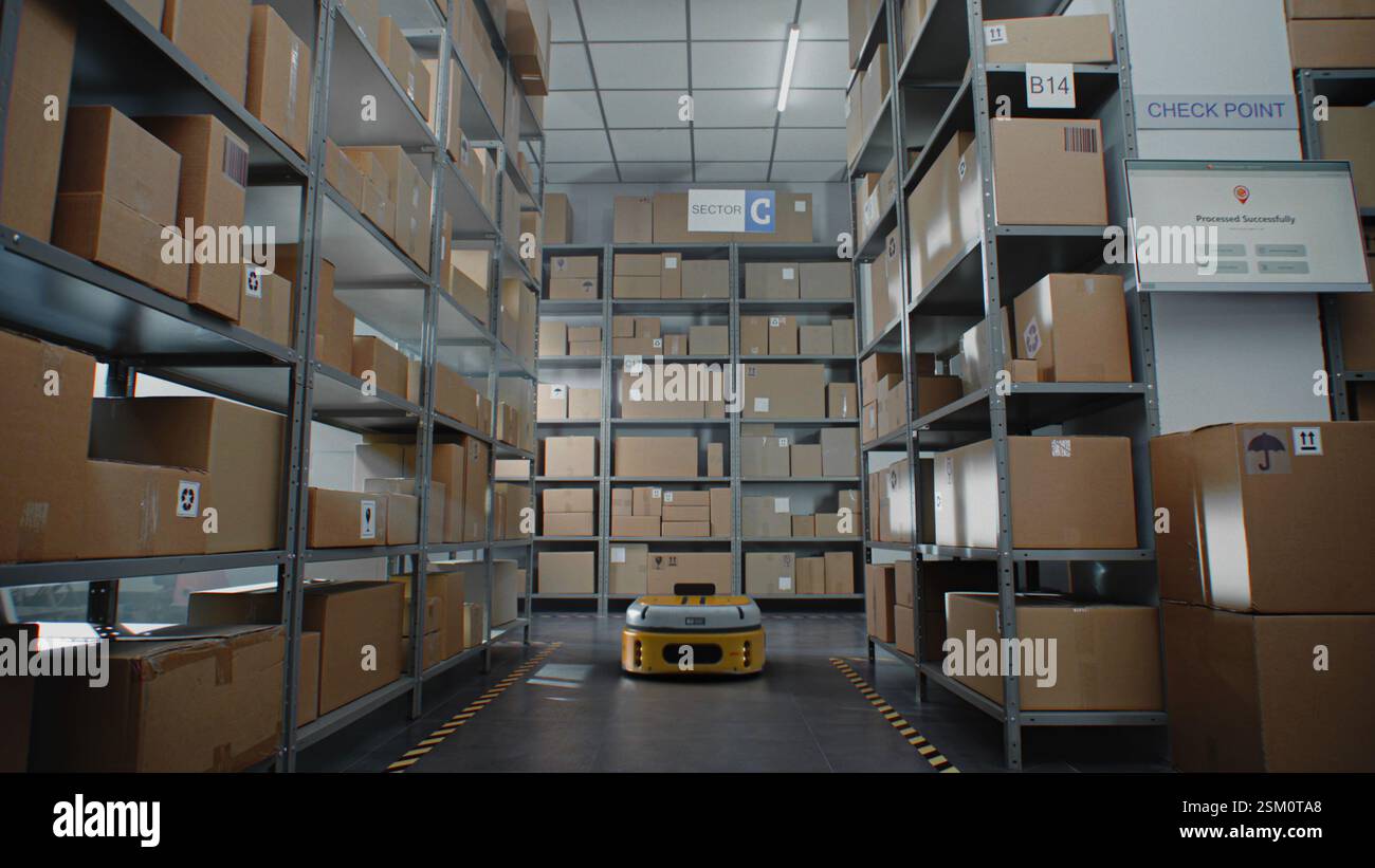 Warehouse Facility: Unmanned AGV Robots Carrying Cardboard Boxes in ...