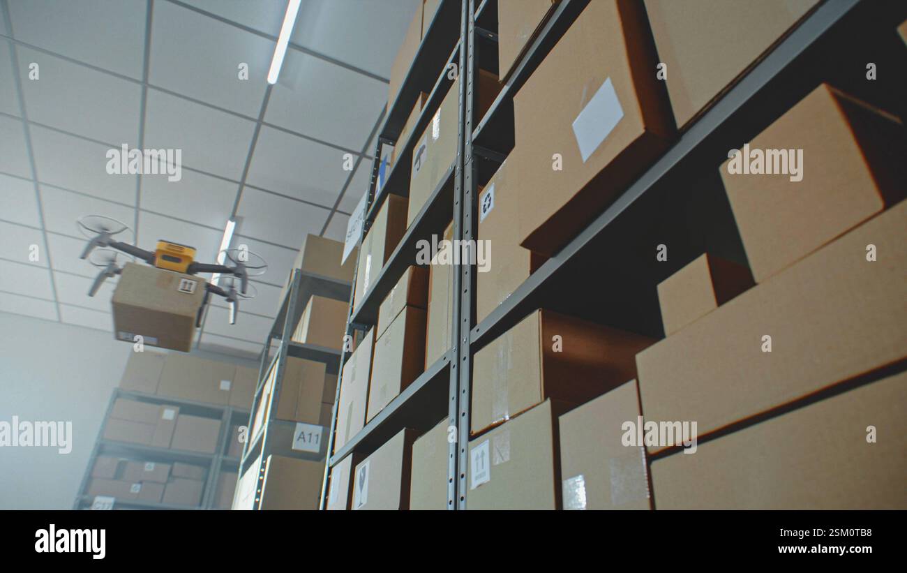 Modern Warehouse Facility: Unmanned UAV Drones Delivering Cardboard ...