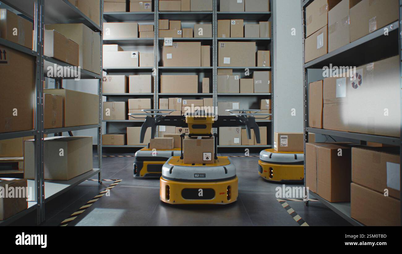 Warehouse Facility: Unmanned AGV Robots and Drones Carrying Cardboard ...