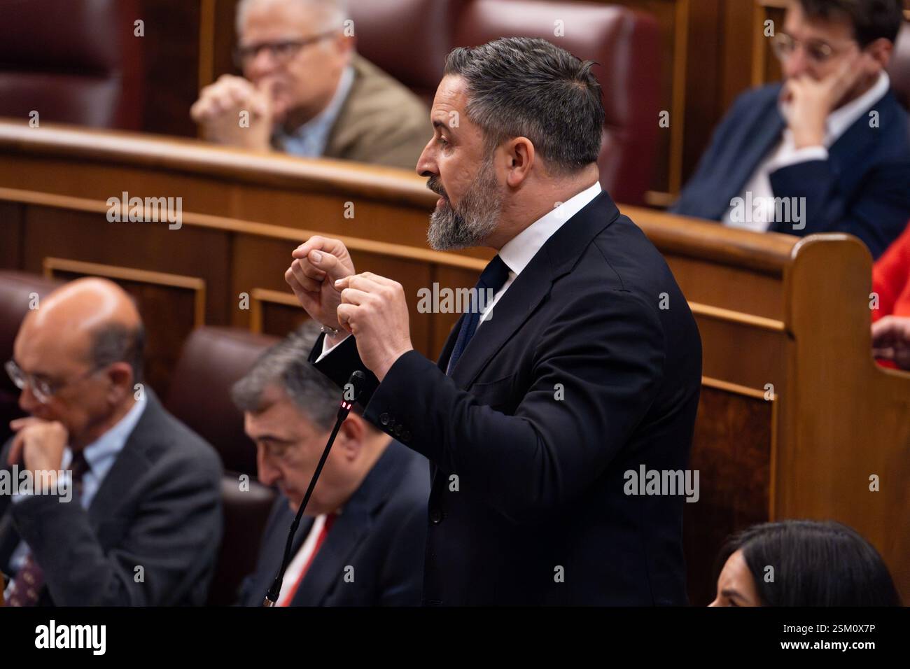 Santiago Abascal, leader of Vox, seen speaking at the Spanish Congress ...