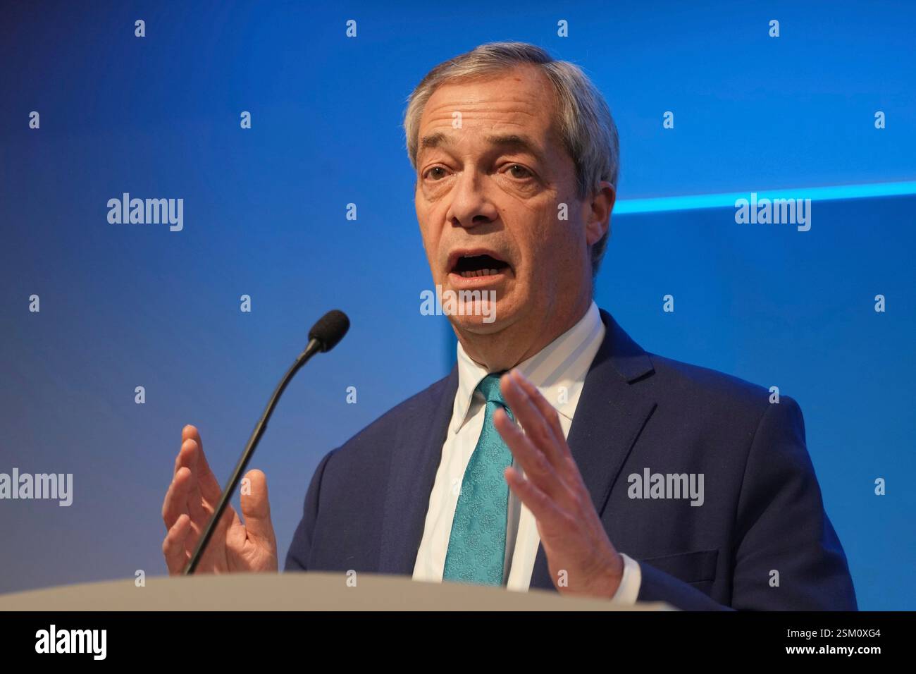 Reform UK leader Nigel Farage attends a press conference on the economy ...