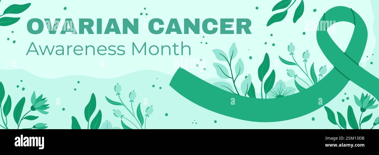 Ovarian Cancer Awareness Month Banner with Teal Ribbon and Floral ...