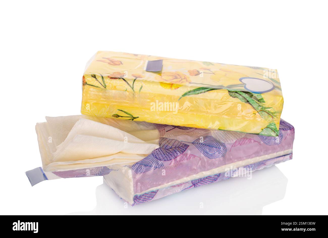 Two packs of paper dry wipes, close-up, isolated on white background ...