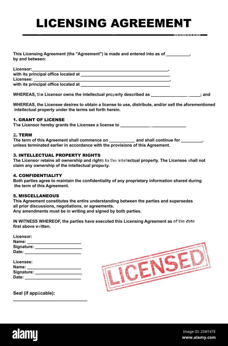 Licensing agreement document. Text and stamp Licensed on white ...