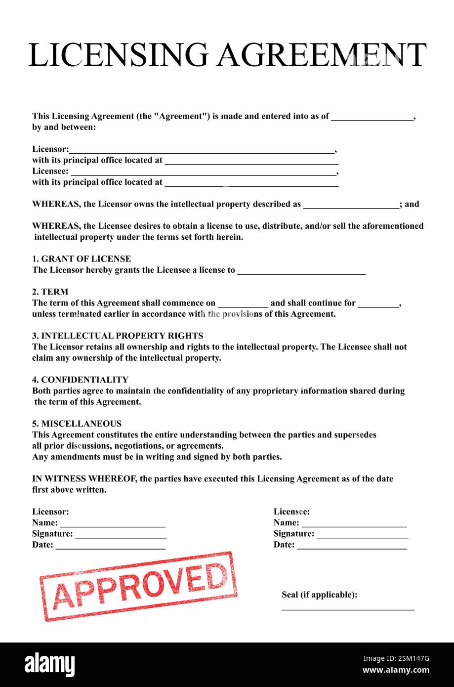 Licensing agreement document. Text and stamp Approved on white ...