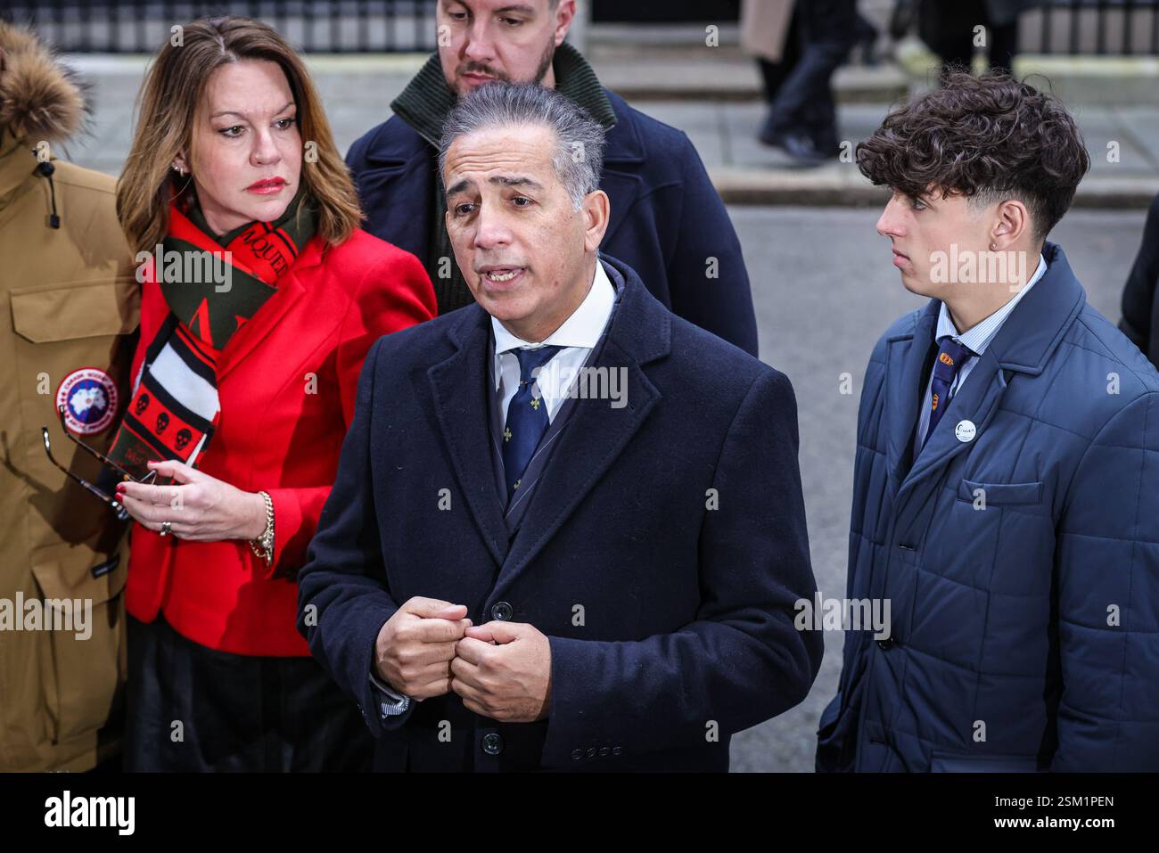 London, UK. 12th Feb 2025. Dr Sanjoy Kumar speaks to press (middle ...