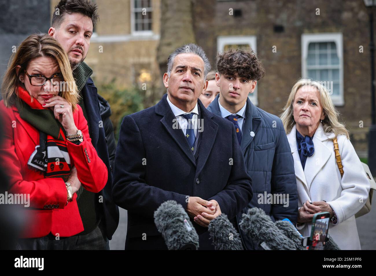 London, UK. 12th Feb 2025. Dr Sanjoy Kumar speaks to press (middle ...