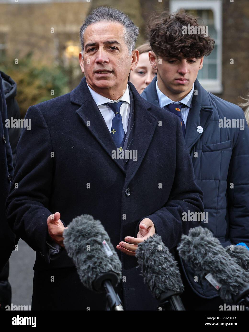 London, UK. 12th Feb 2025. Dr Sanjoy Kumar speaks to press. Grace O'Malley-Kumar's father Dr ...