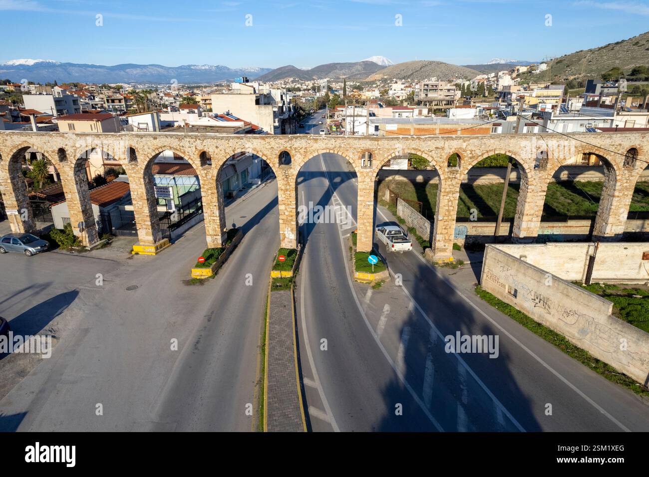 Aerial drone view of the historic Chalcis aqueduct, Greece, showcasing ...