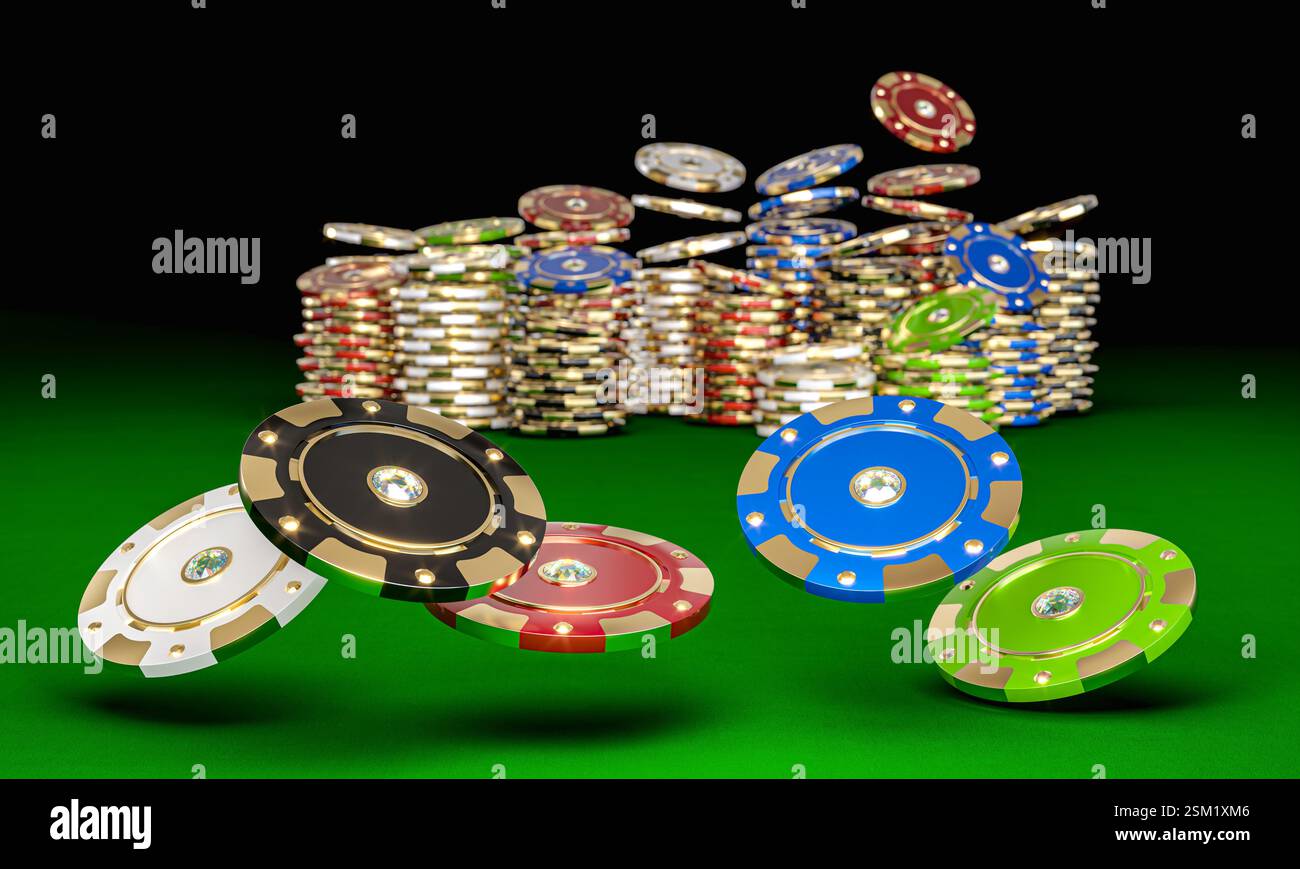 Colorful poker chips with diamonds green table representing casino ...