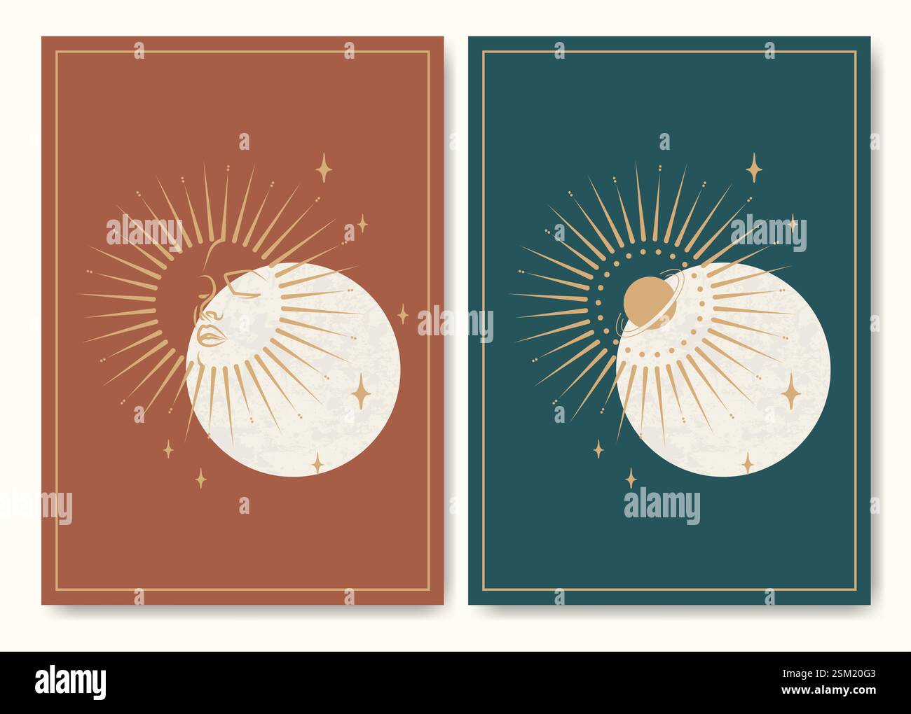 Mystical drawing of moon and outer space posters. Brown green minimalist printable wall art ...