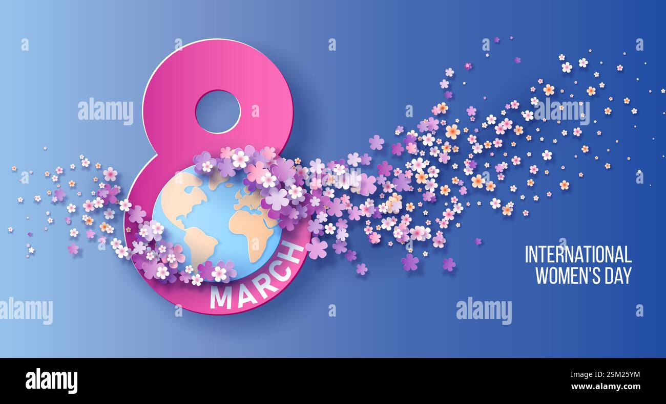 Women day background with flying flowers. 8 March invitation card ...