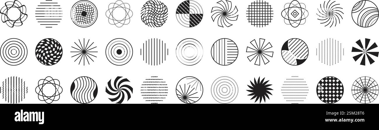 Black line and dotted circle set, monochrome round shapes, vector abstract radial forms Stock ...