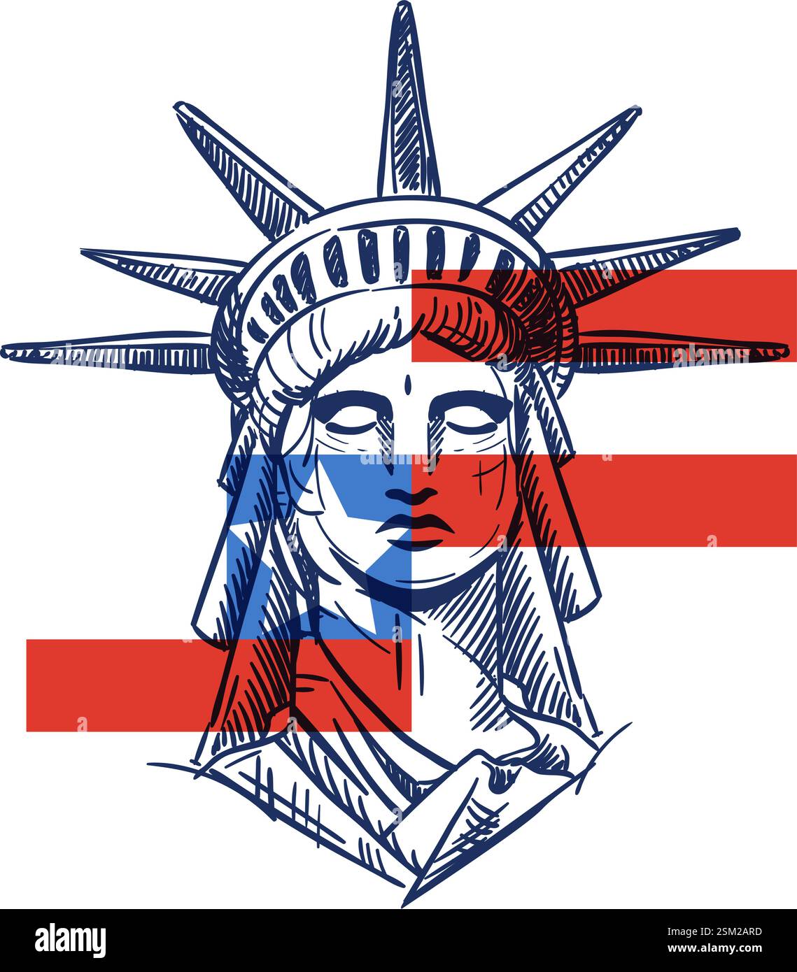 Statue of Liberty on transparent American flag background. Vector hand ...