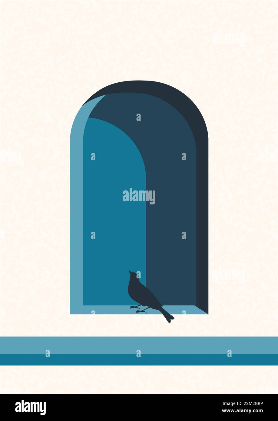 Aesthetic illustration of Santorini city. Contemporary art with bird on ...