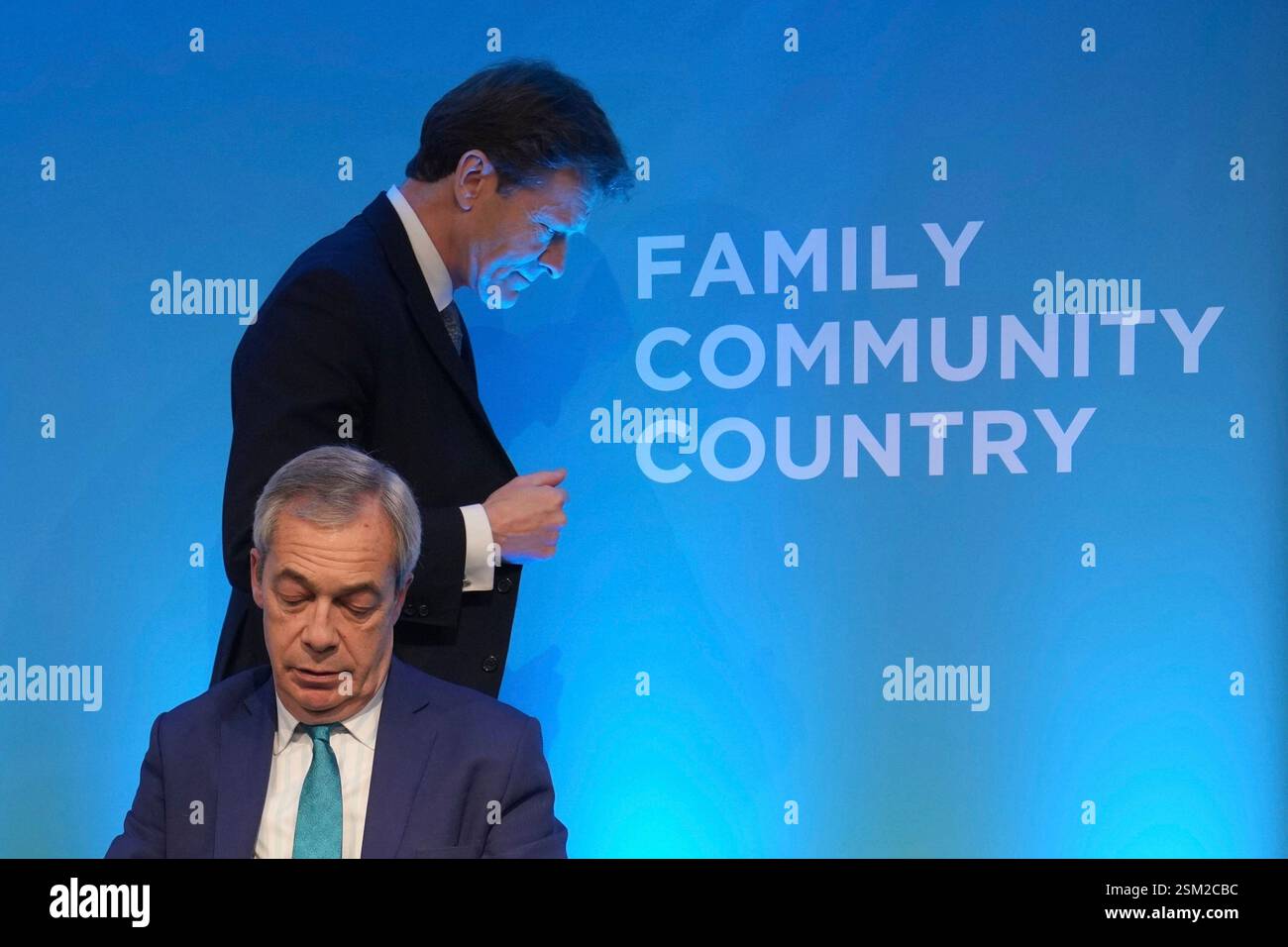 Reform UK leader Nigel Farage, front, and deputy leader Richard Tice ...