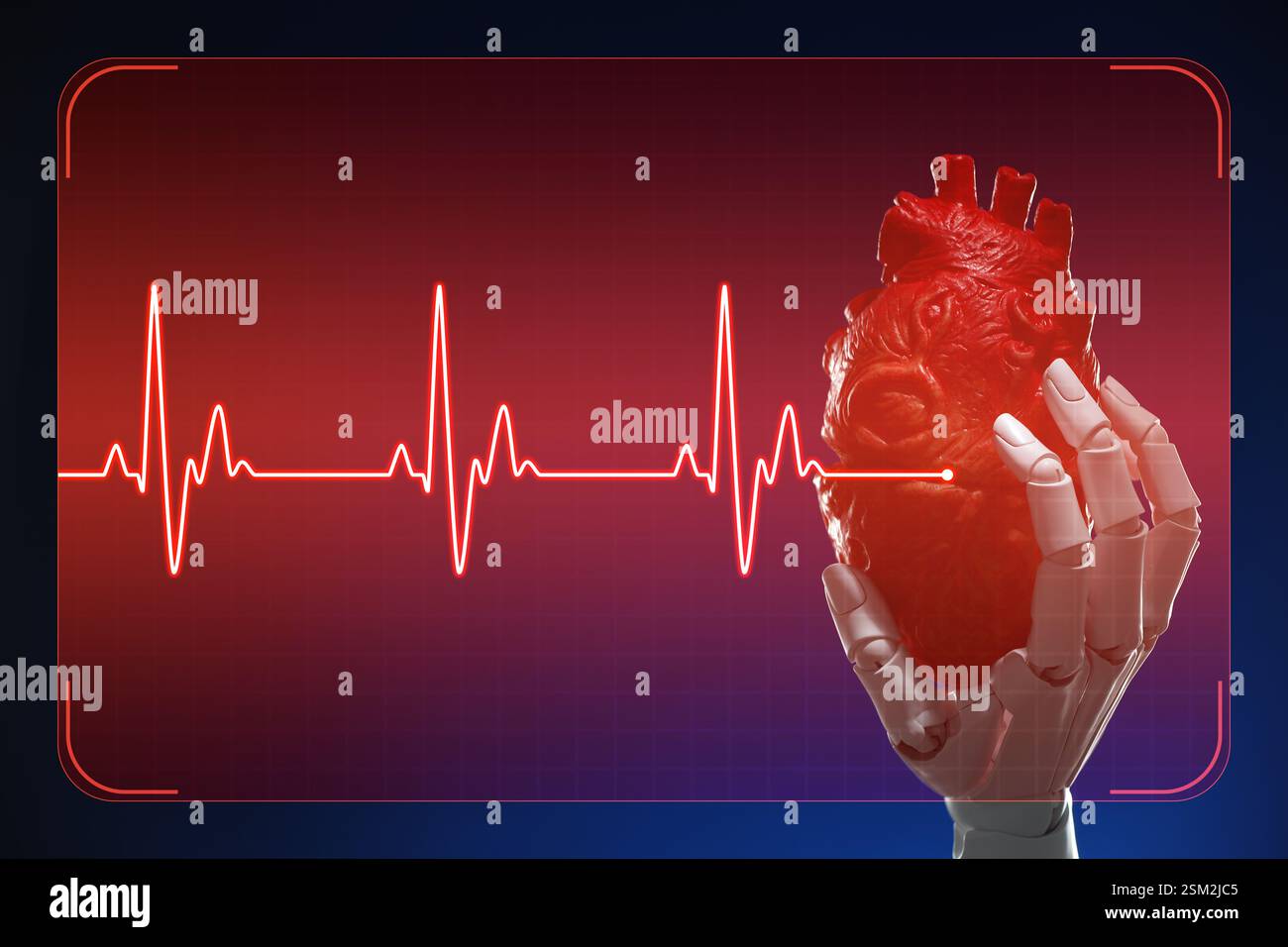 Cardiology. Robot hand holding anatomical model of heart on gradient ...