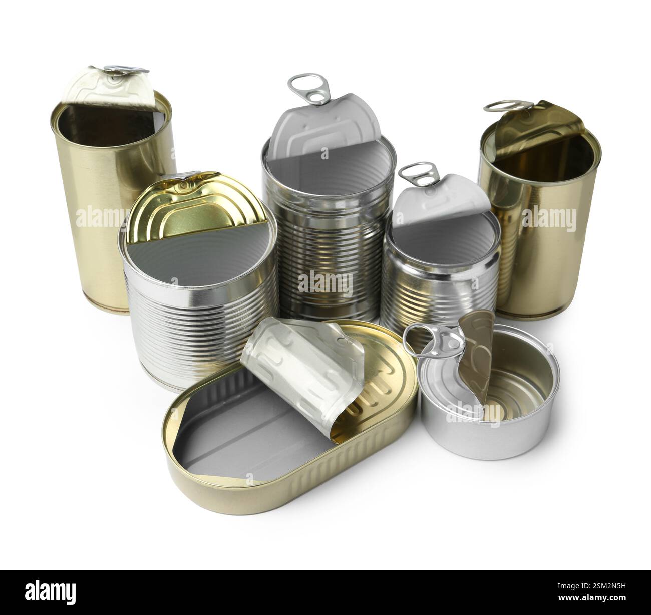 Many open tin cans isolated on white Stock Photo - Alamy