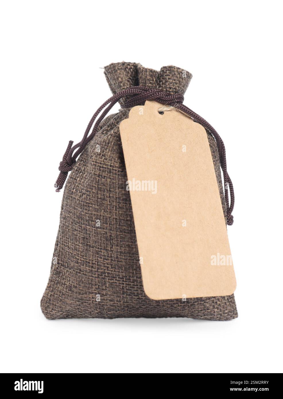 Burlap bag with tag isolated on white Stock Photo - Alamy